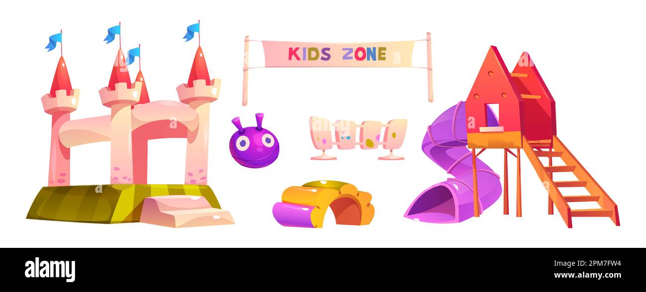 Kids playground park with ball and children slide vector cartoon set ...