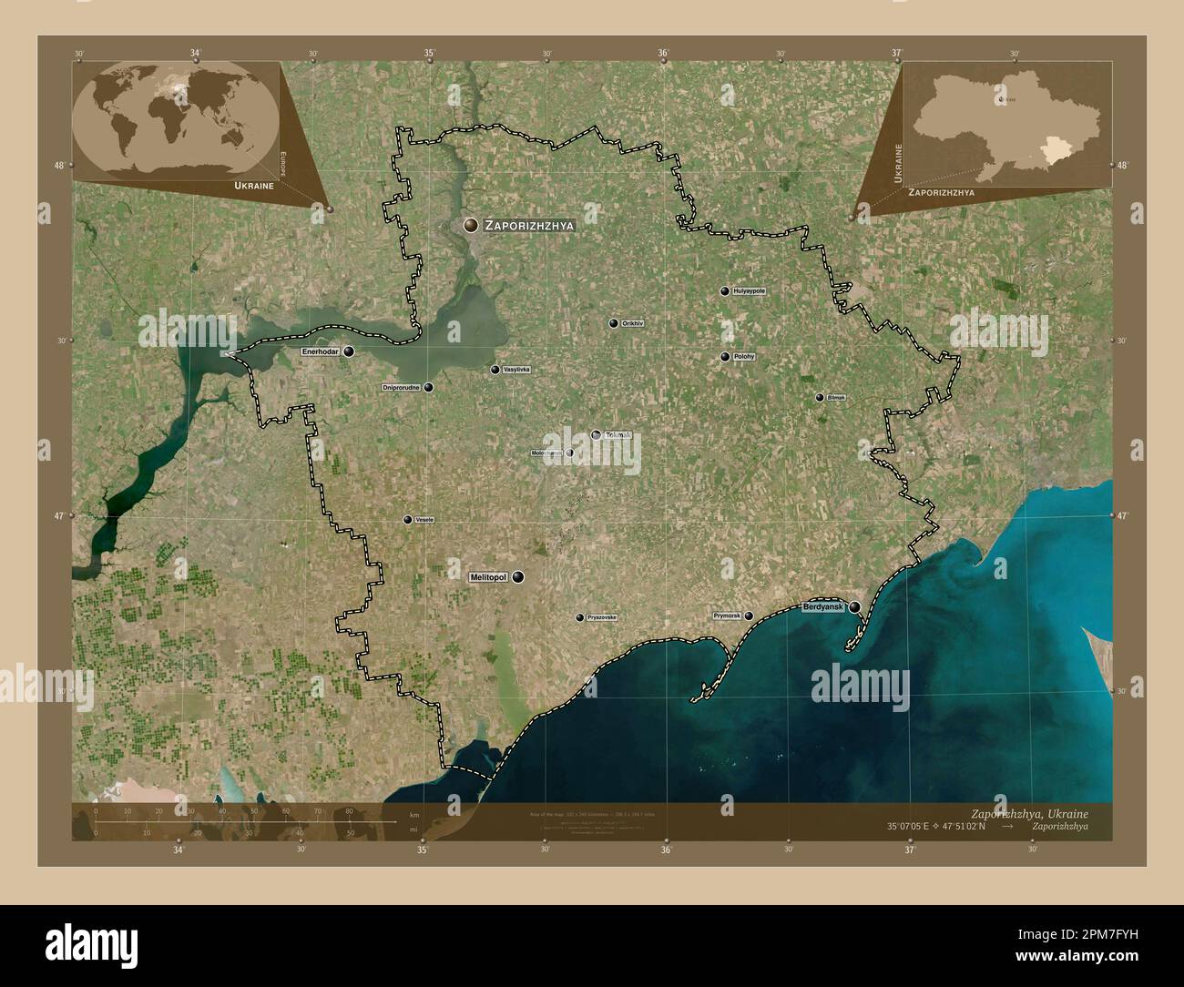 Zaporizhzhya, region of Ukraine. Low resolution satellite map ...