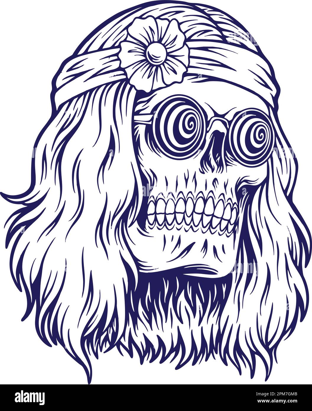 Spooky skull head trippy hippie with flower headband illustrations ...