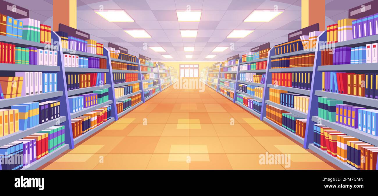 Bookstore aisle interior with shelf cartoon illustration. Retail ...