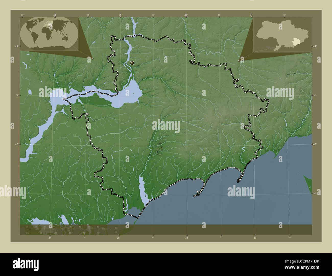 Zaporizhzhya, region of Ukraine. Elevation map colored in wiki style ...