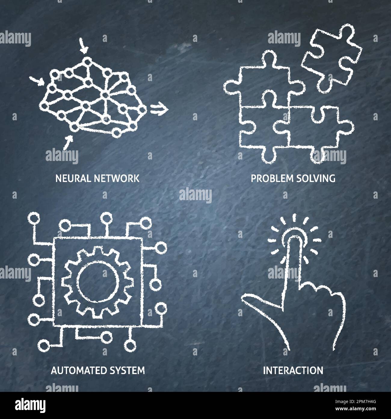 Neural network and automated systems chalkboard icon set. Vector ...