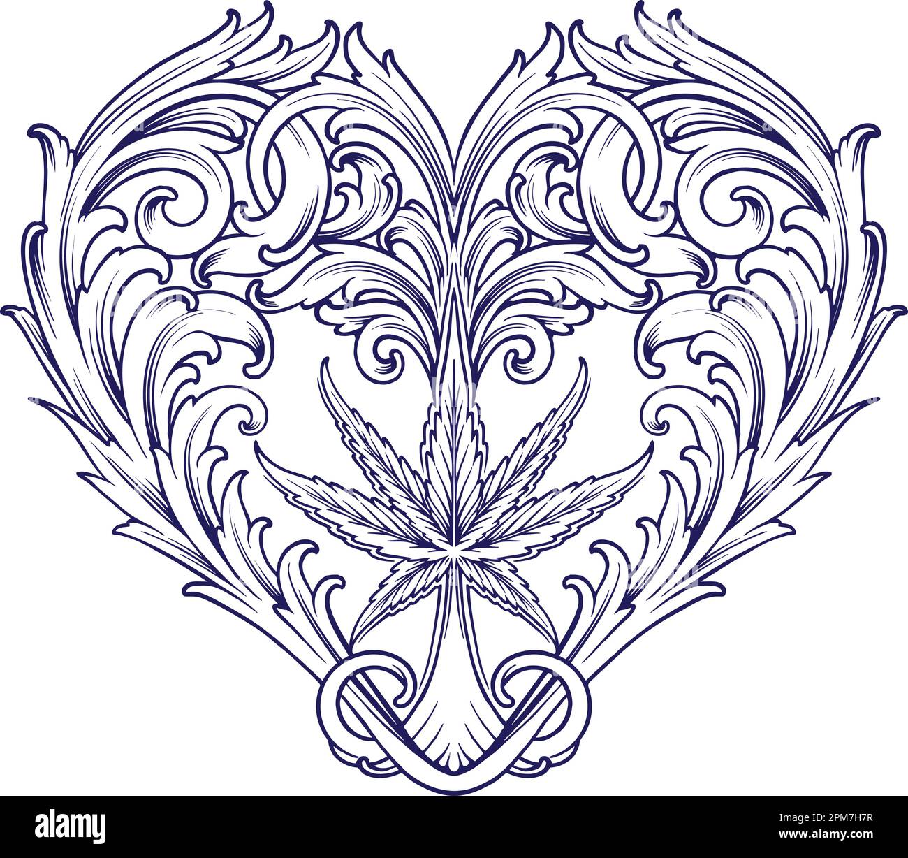 Vintage elegant cannabis leaf heart swirl floral ornament monochrome ...
