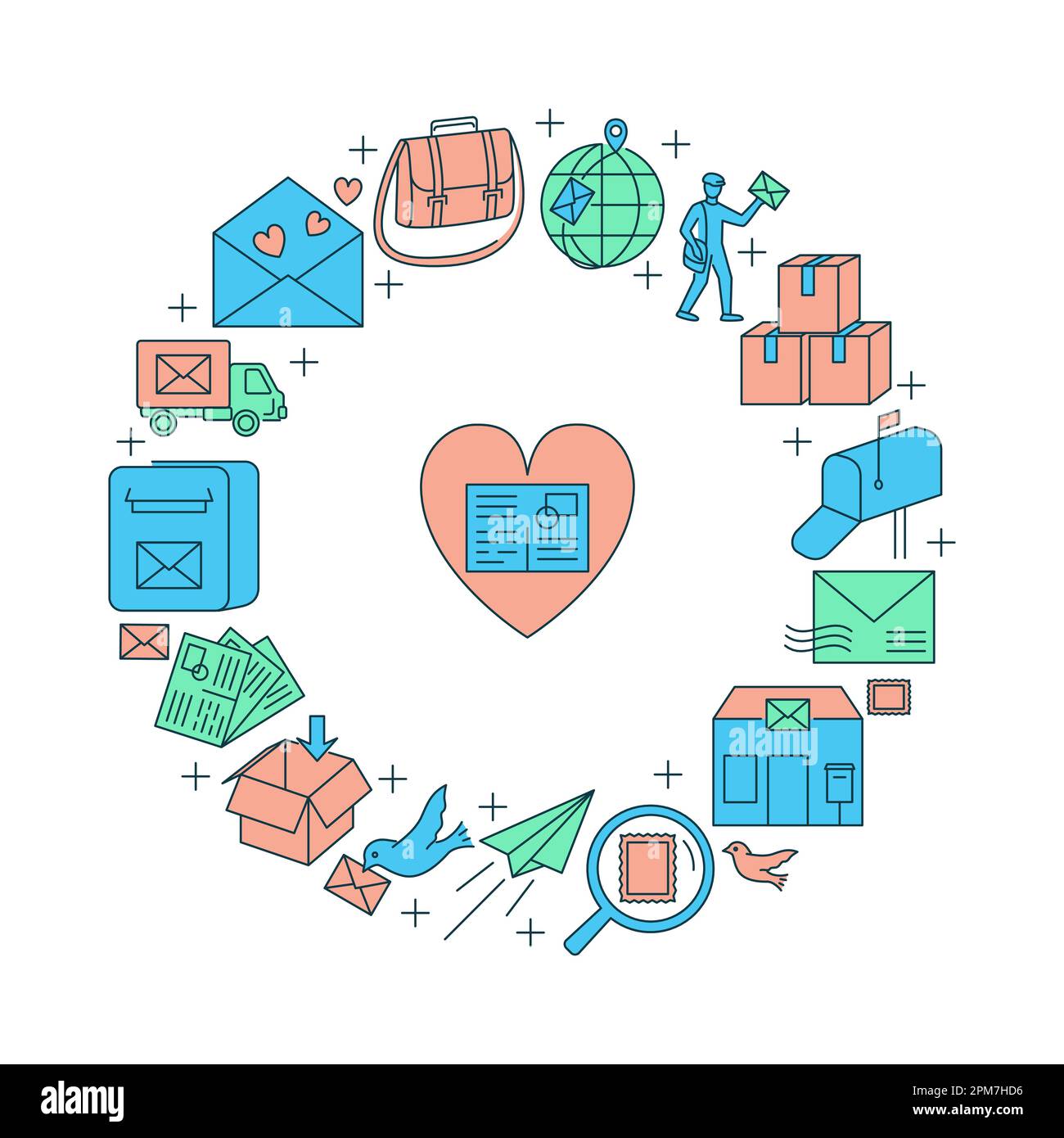 Post service round banner in colored line style. Mail delivery symbols ...