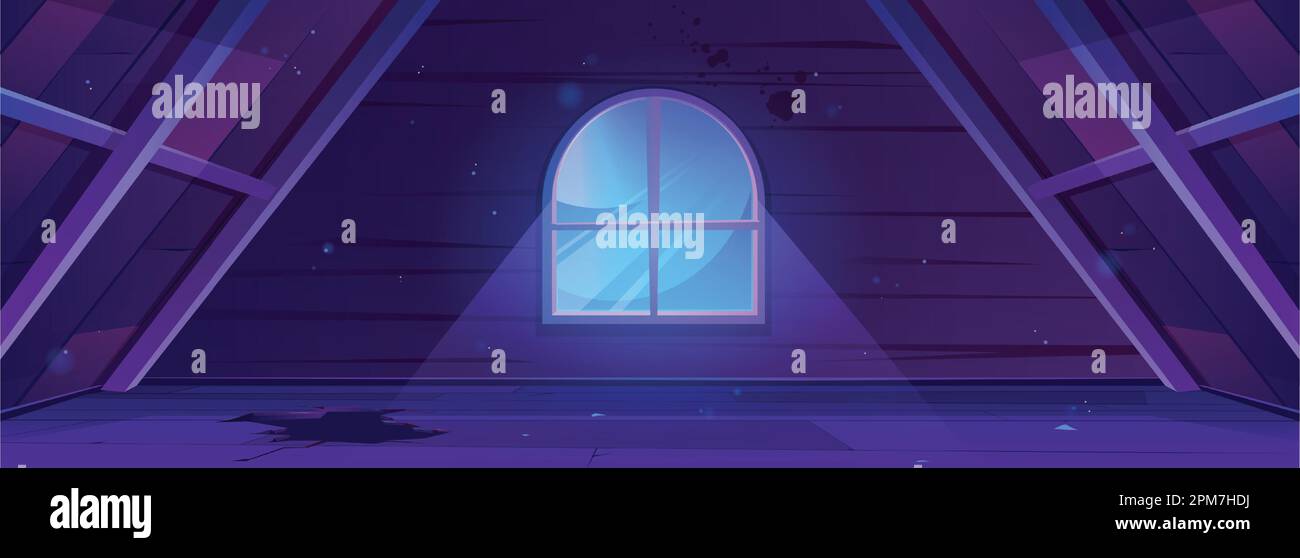 Night abandoned attic broken room interior vector background. Cartoon ...