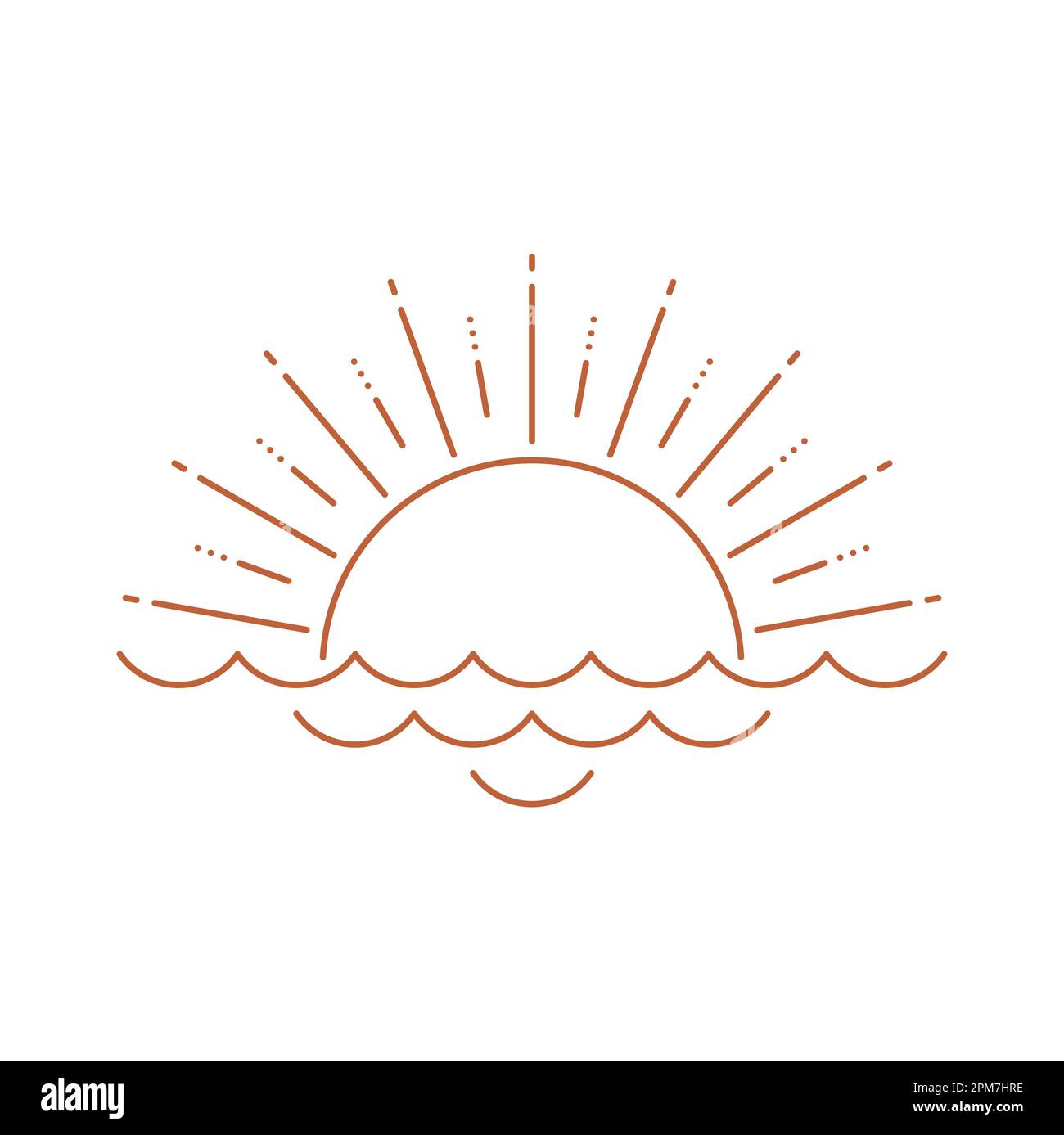 Bohemian sunrise or sunset linear logo, sun on sea or ocean waves ...