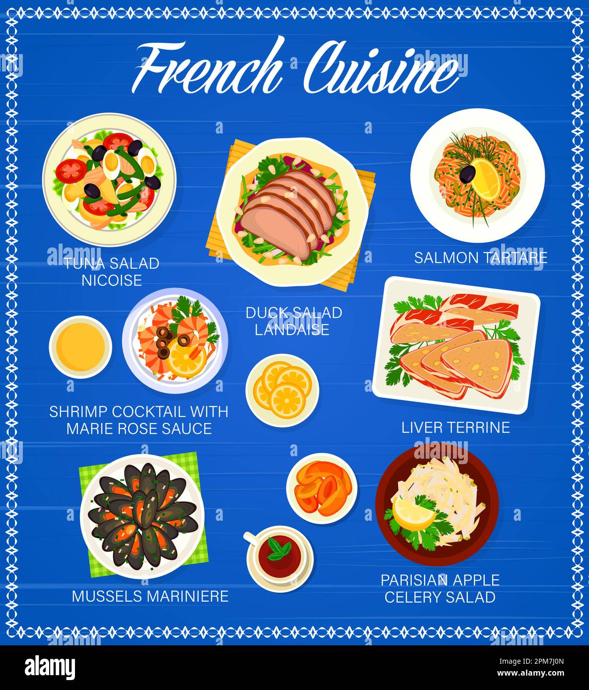 French cuisine menu, vector tuna salad nicoise, duck salad landaise and ...