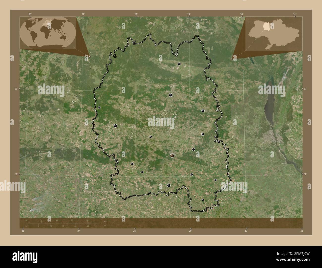 Zhytomyr, region of Ukraine. Low resolution satellite map. Locations of ...