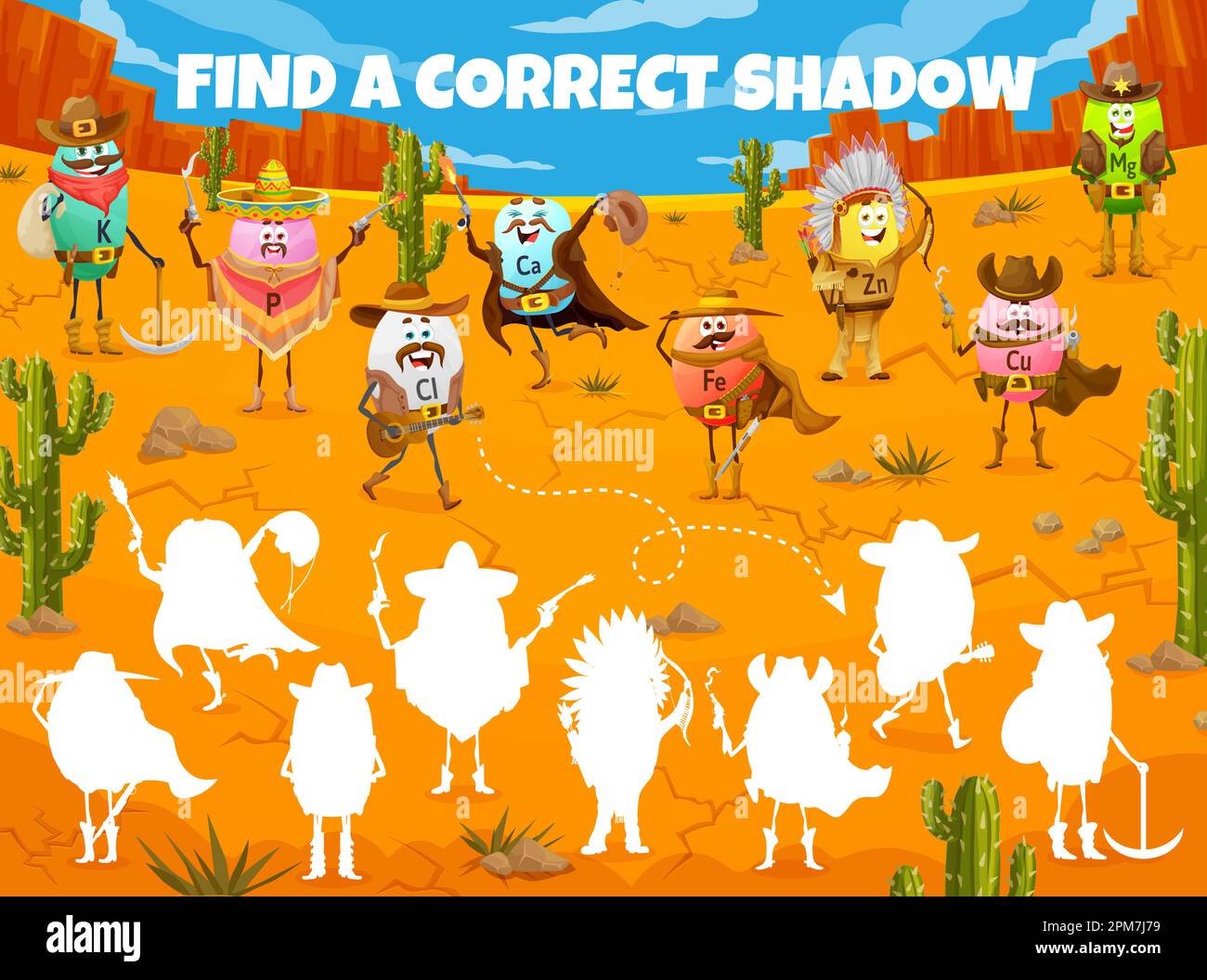 Find Correct Shadow of Wild West cartoon cowboy, sheriff, bandit and ...