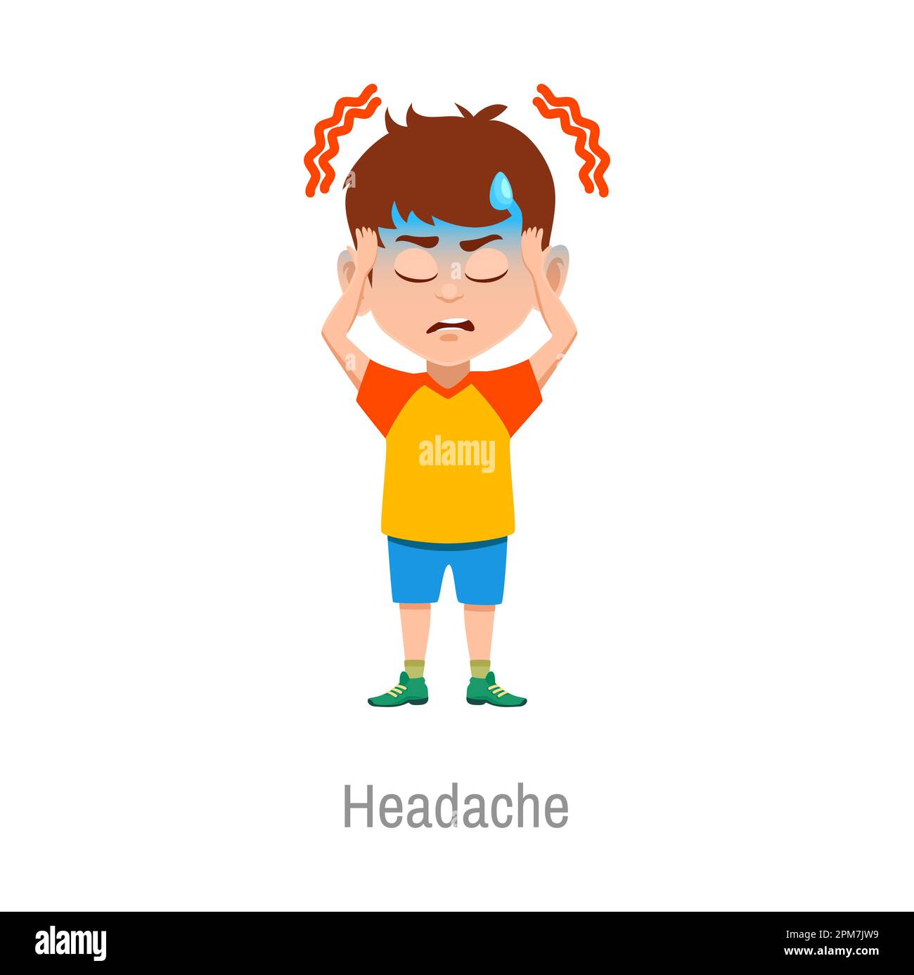 Headache child disease, isolated vector sick boy with pain in head ...
