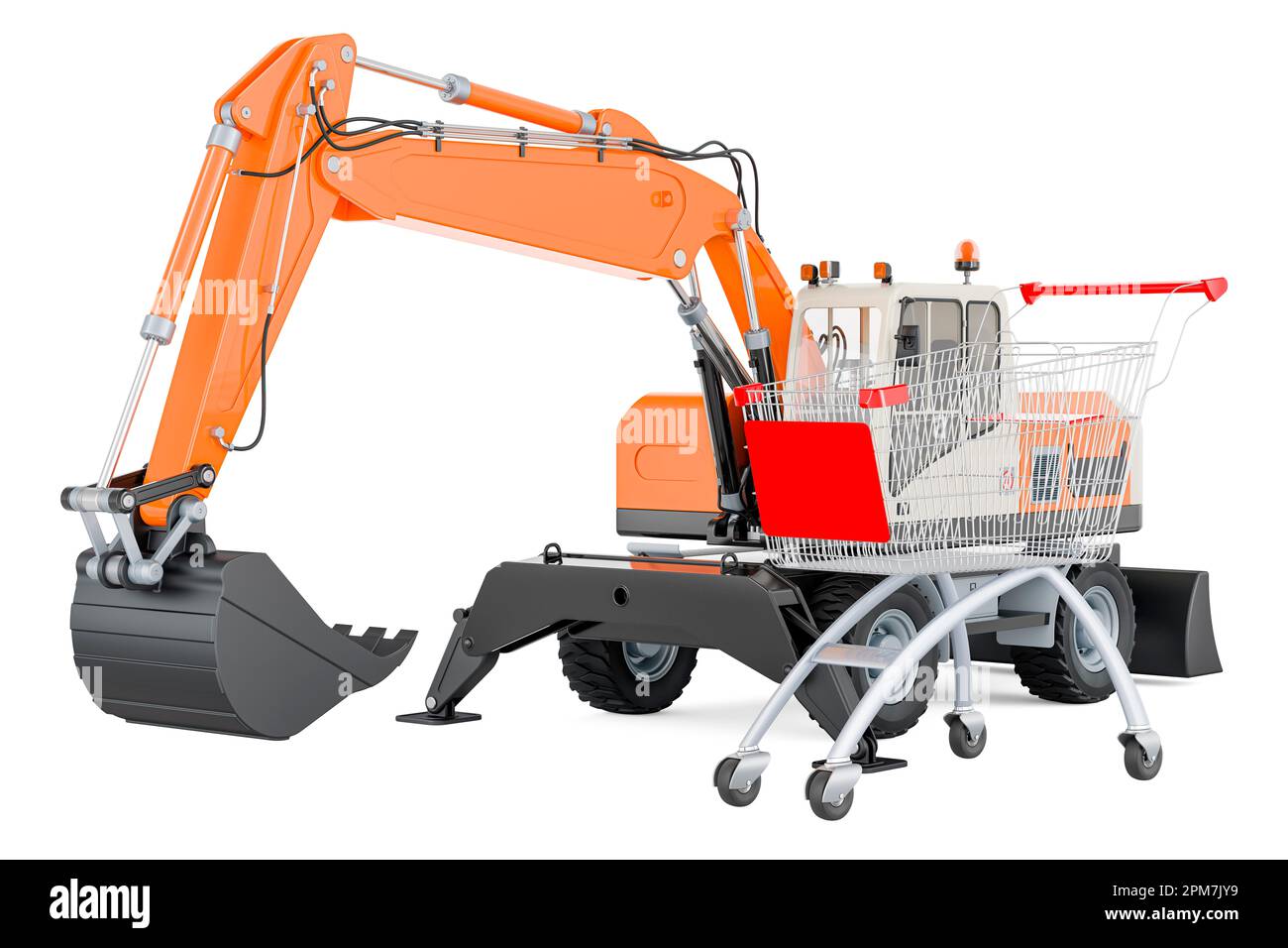 Excavator with shopping cart, 3D rendering isolated on white background ...