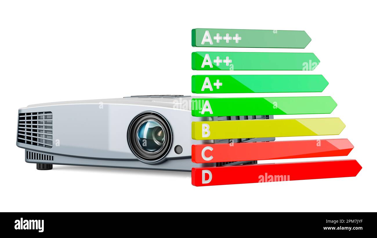 Projector with energy efficiency chart, 3D rendering isolated on white ...