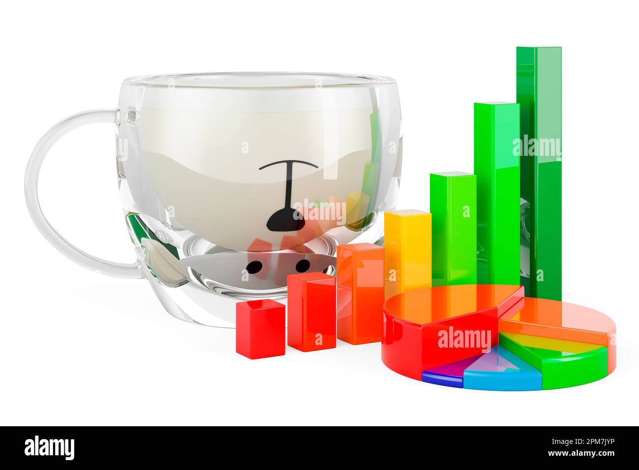 Bear tea cup full of milk with growth bar graph and pie chart. 3D ...