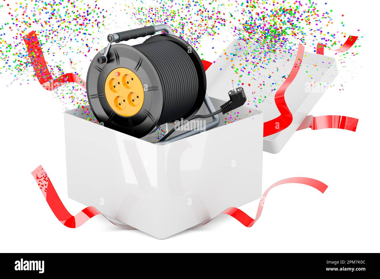 Industrial cable reel inside gift box, 3D rendering isolated on white ...