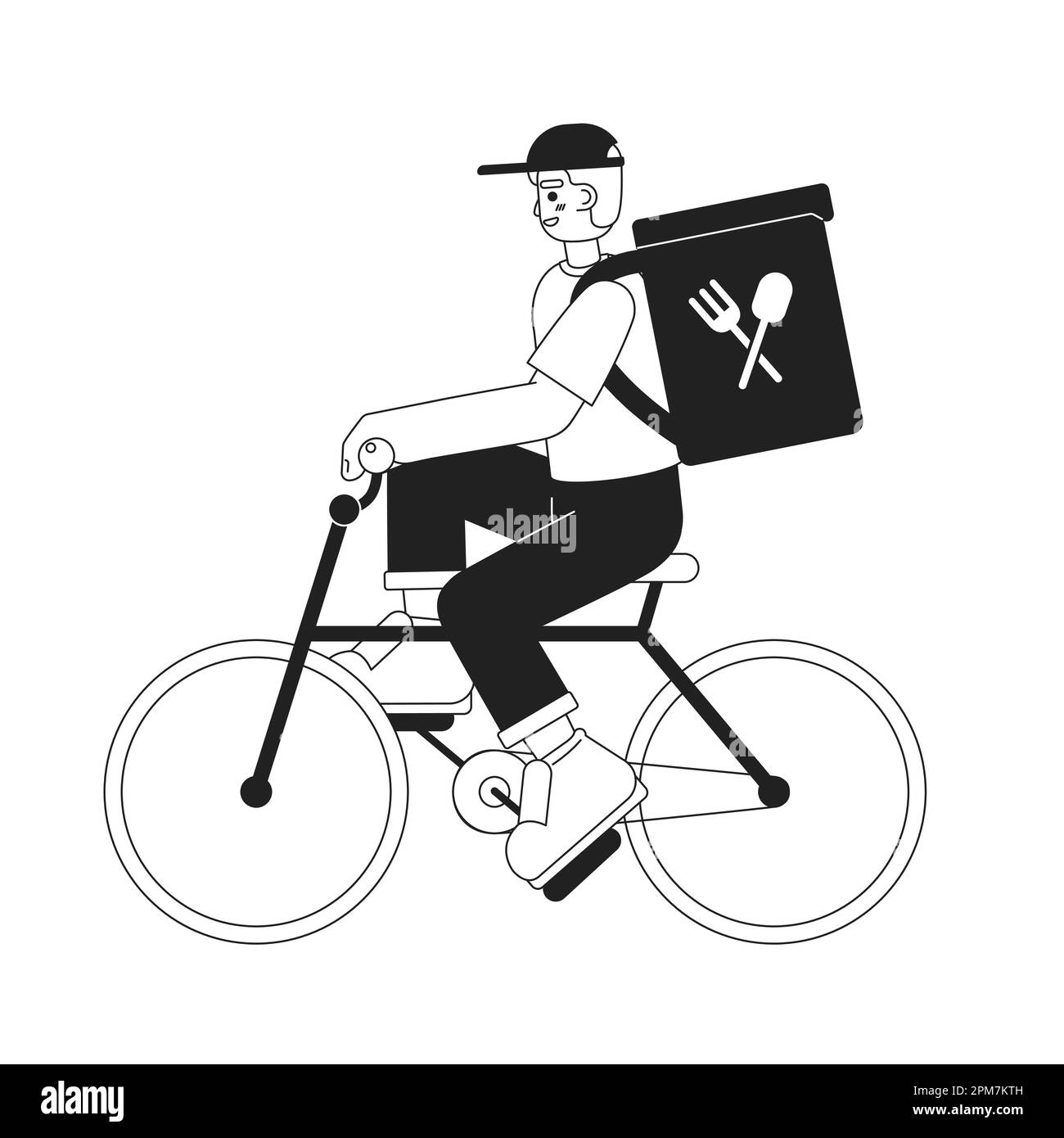 Guy delivering prepared meals on bicycle monochromatic flat vector ...