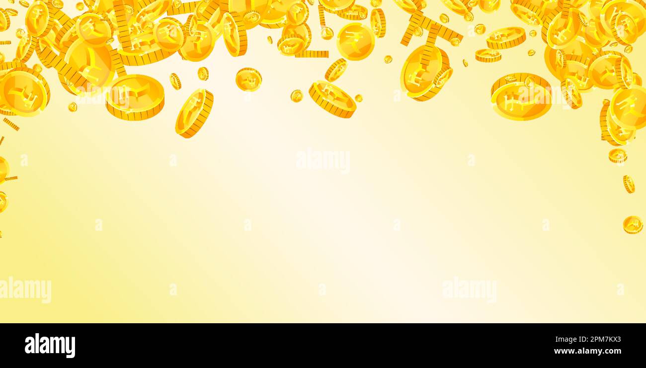 Indian rupee coins falling. Scattered gold INR coins. India money ...