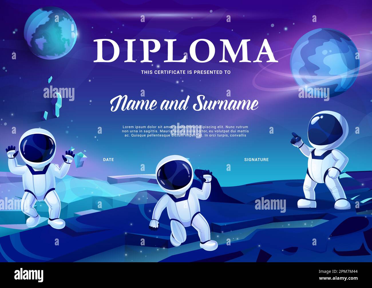 Kids astronaut diploma. Cartoon astronaut characters on space planet ...