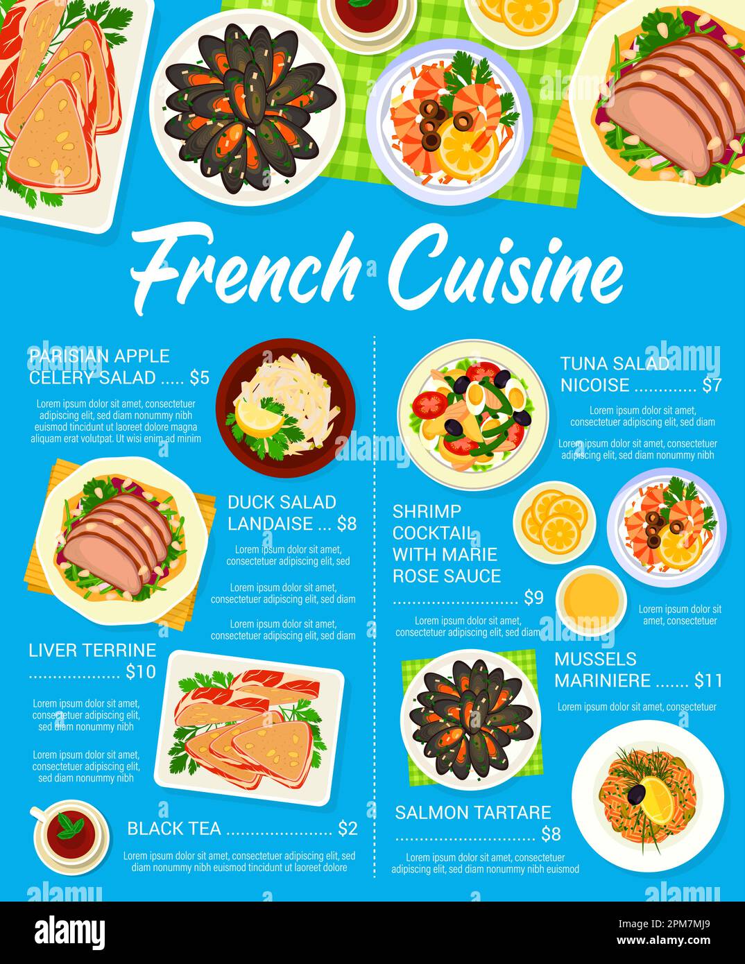 French cuisine menu, vector parisian apple celery salad, tuna salad ...