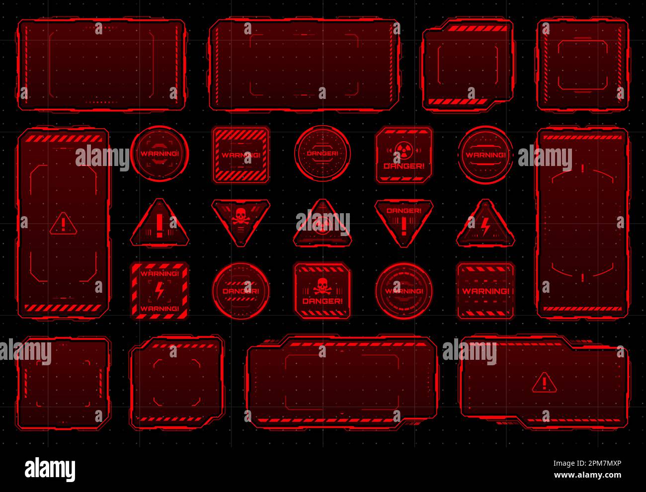 HUD danger and warning red interface frames, vector alert message boxes. HUD red frames and ...