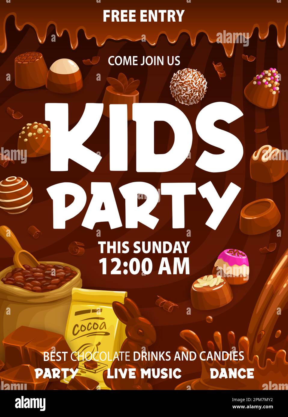Kids sweet party flyer. Chocolate, praline and fudge candy, souffle ...