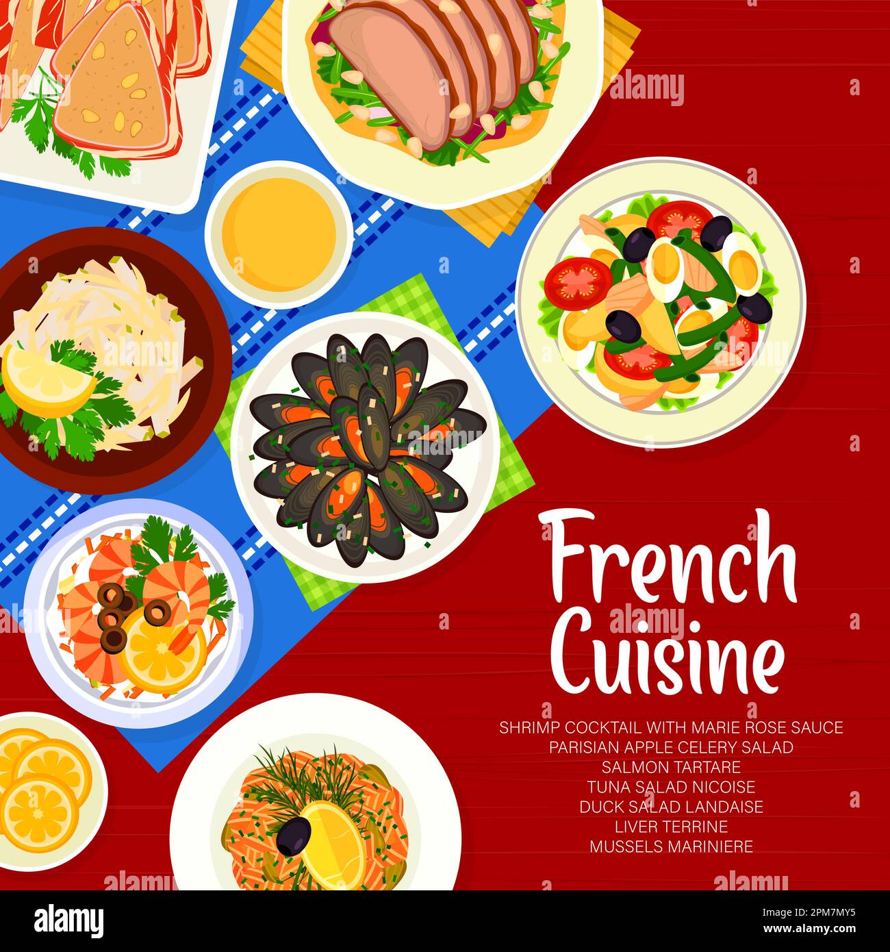 French cuisine menu cover, vector France meals shrimp cocktail with ...