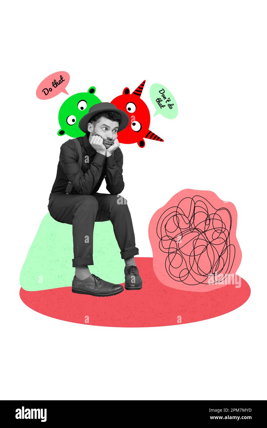 Vertical abstract creative photo collage of confused thoughtful man ...