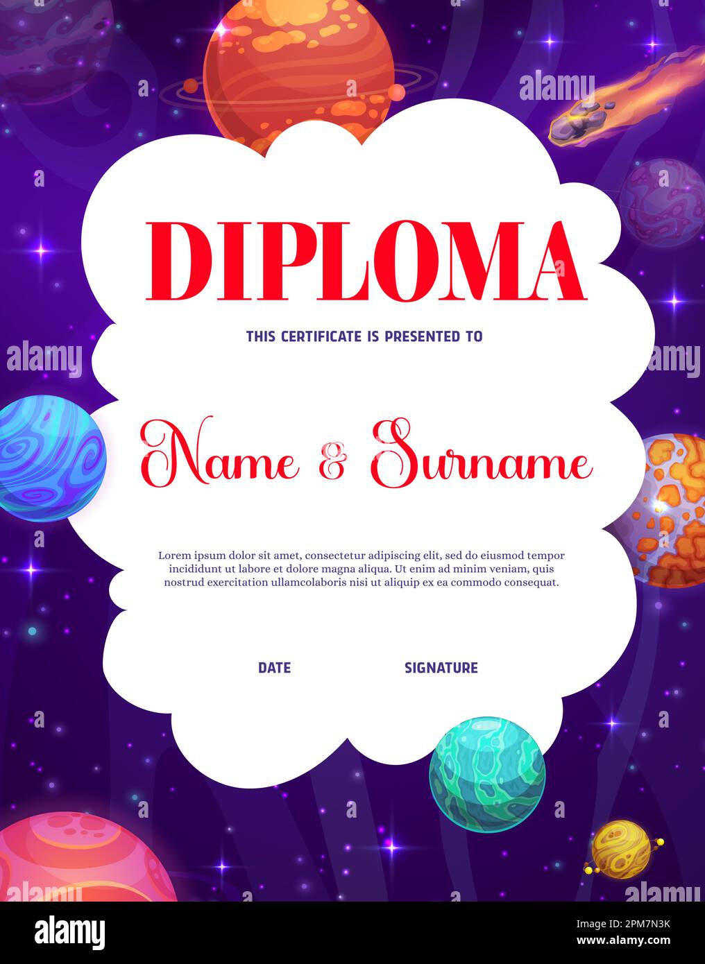 Kids diploma galaxy space planets and stars. Cartoon vector certificate ...