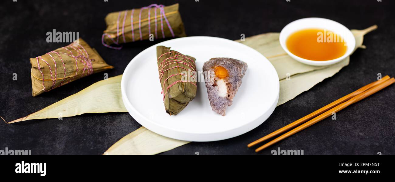 Traditional Chinese food for Dragon boat festival. Closeup zongzi or ...