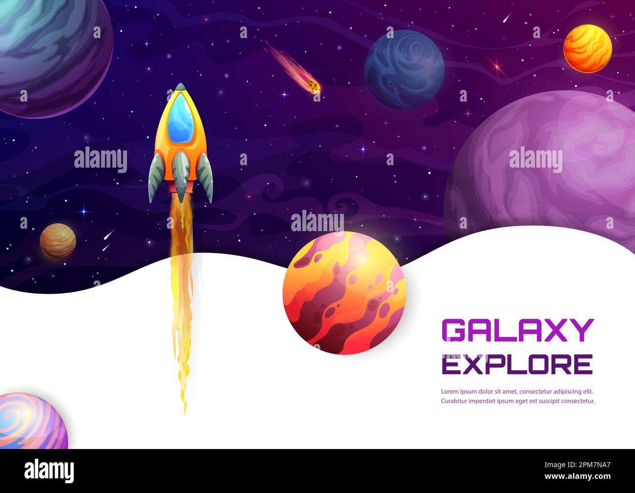Space landing page. Cartoon spaceship launch and galaxy planets ...