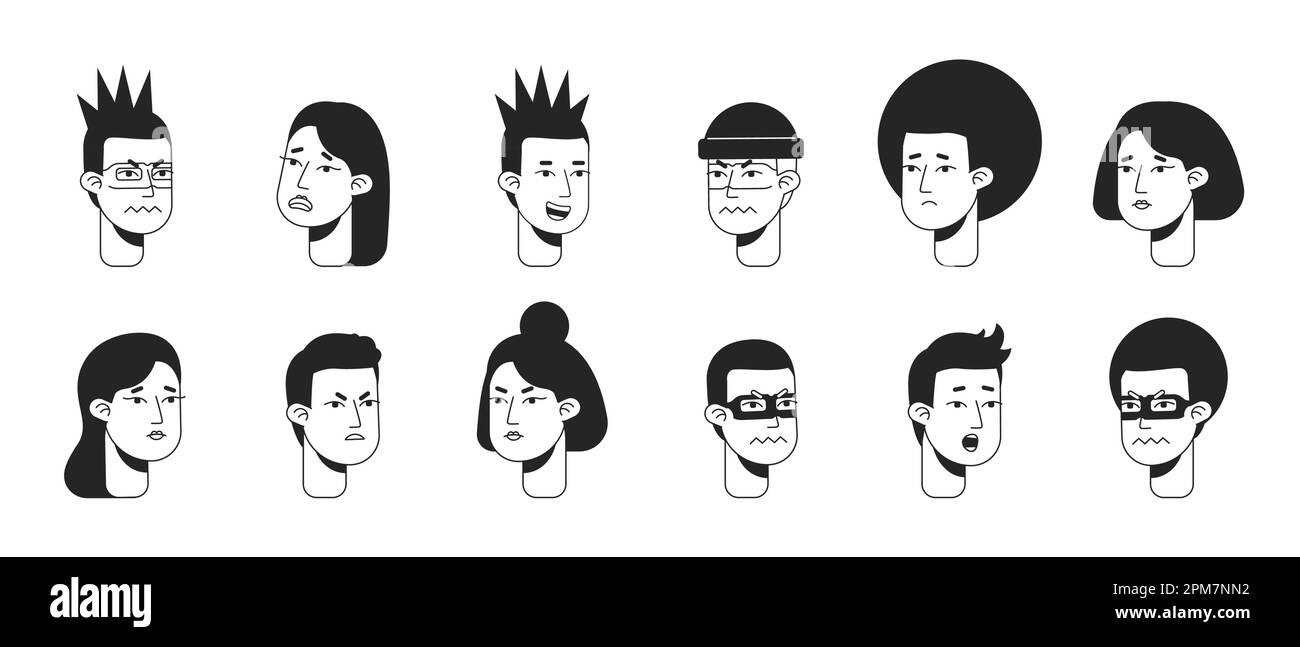 People With Different Facial Expressions Monochromatic Flat Vector