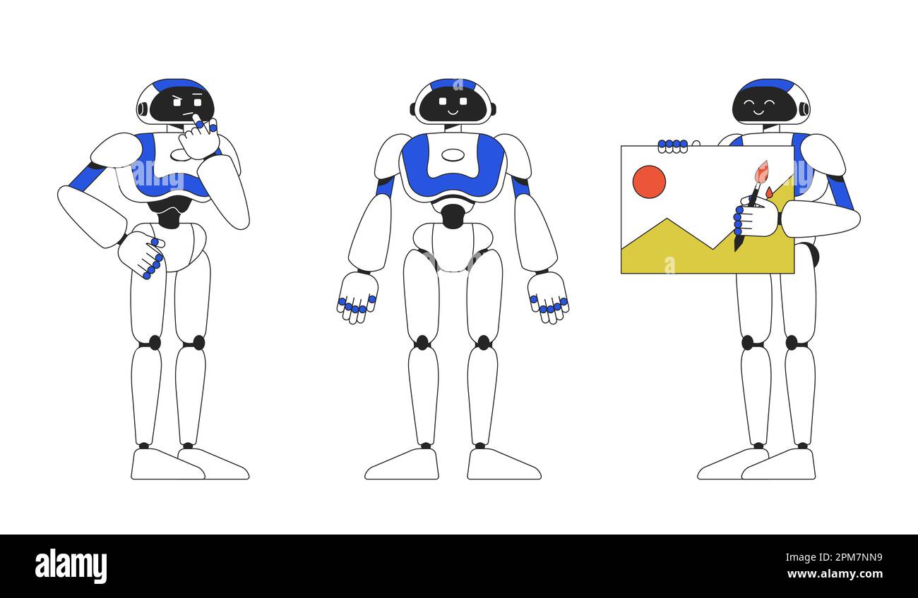 Humanoid robots AI performing tasks linear flat color vector characters ...