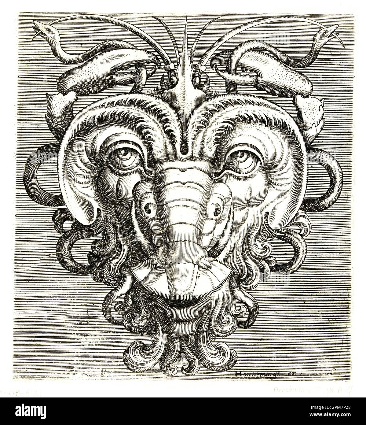 Frans Huys (engraver) after Cornelis Floris II - Mask with two lobster ...