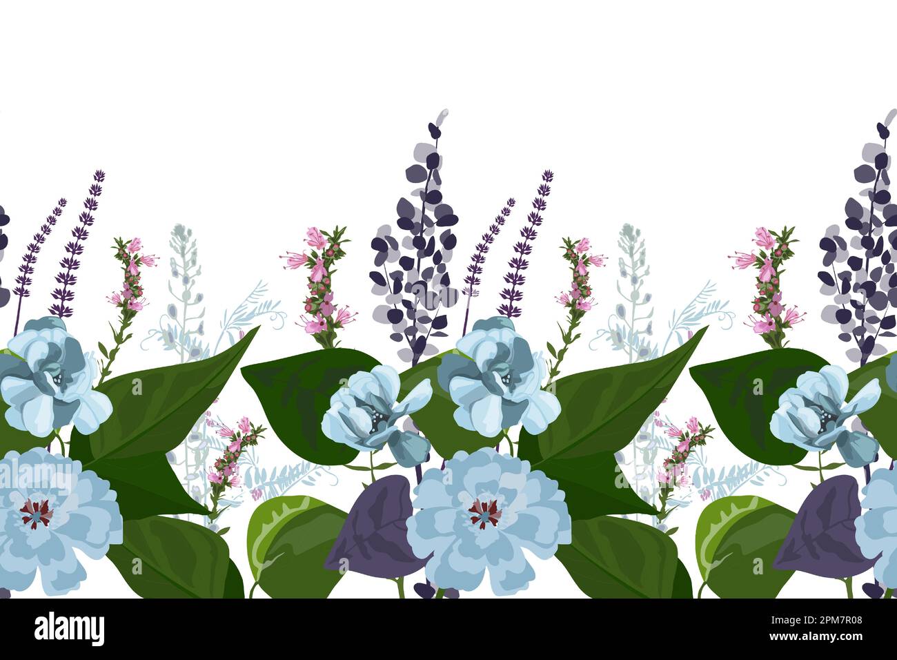 Vector floral seamless pattern, border. Horizontal panoramic ...
