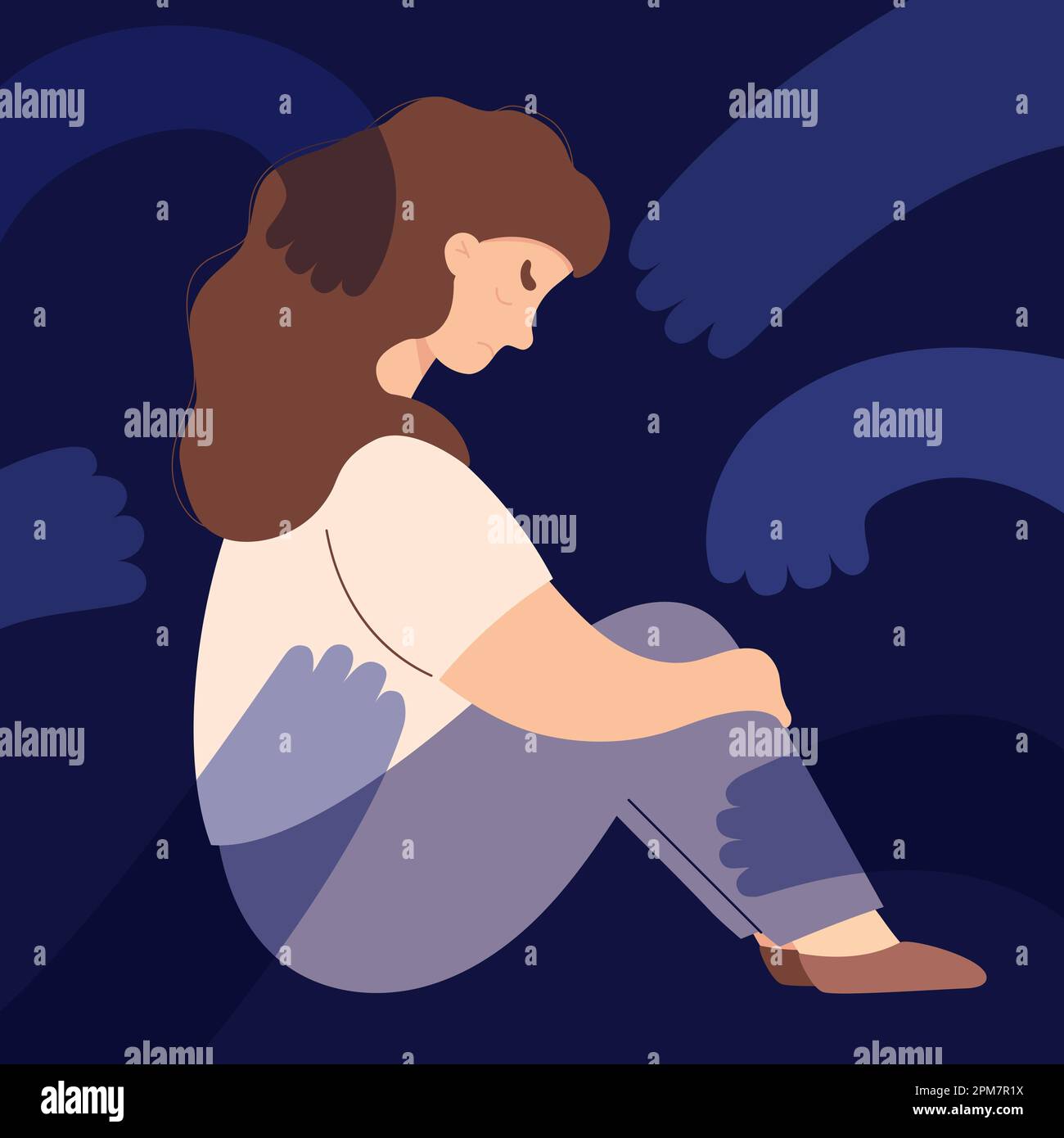 Sad lonely unhappy girl sits and hugs her knees from fear. Scary around ...