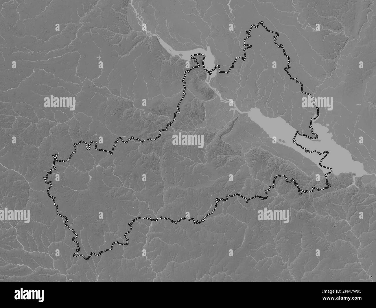 Cherkasy, region of Ukraine. Grayscale elevation map with lakes and ...