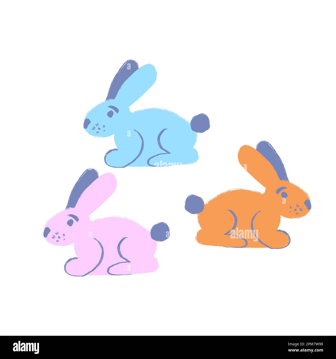 Hand drawn illustration with orange blue pink Easter rabbit bunnies ...