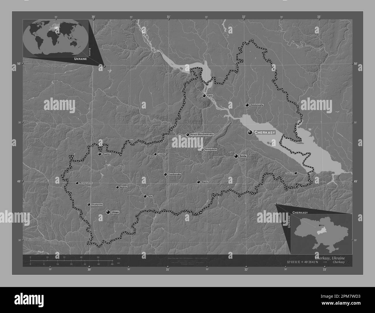 Cherkasy, region of Ukraine. Bilevel elevation map with lakes and ...
