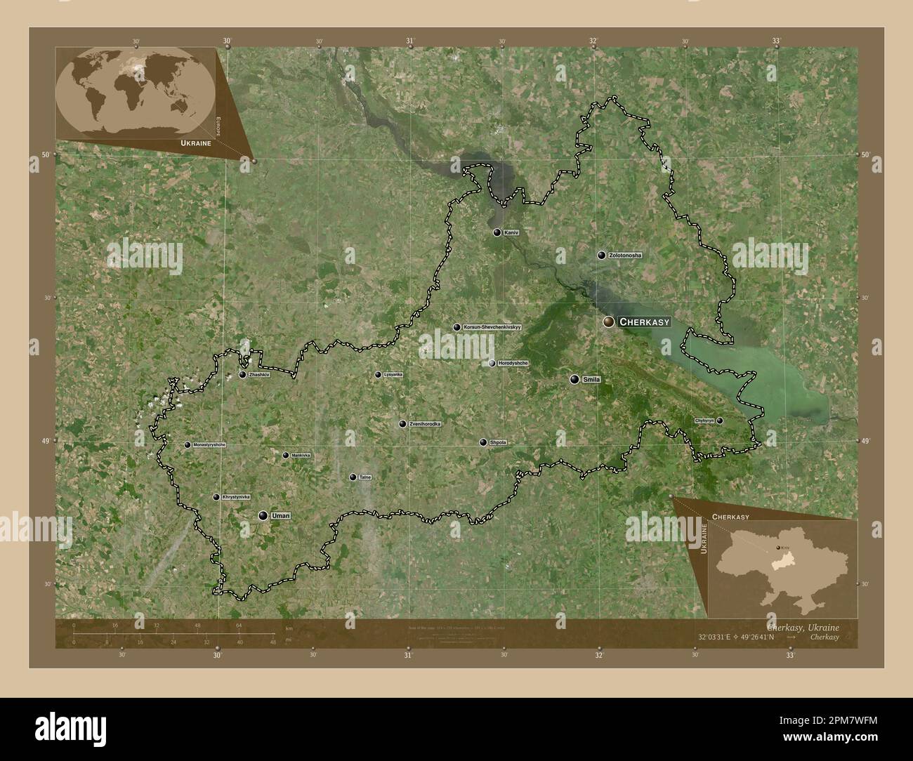 Cherkasy, region of Ukraine. Low resolution satellite map. Locations ...