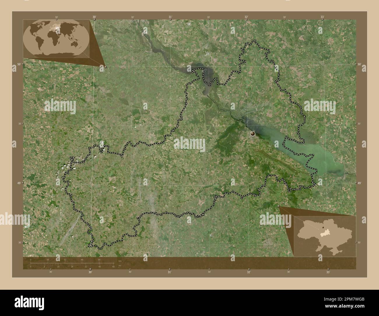 Cherkasy, region of Ukraine. Low resolution satellite map. Corner ...