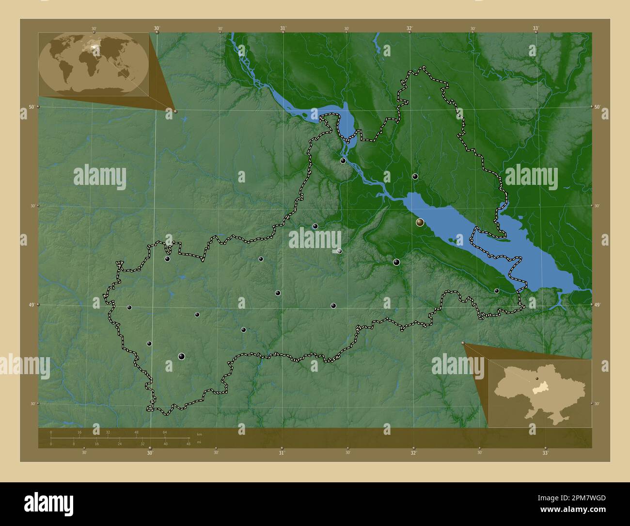 Cherkasy, region of Ukraine. Colored elevation map with lakes and ...