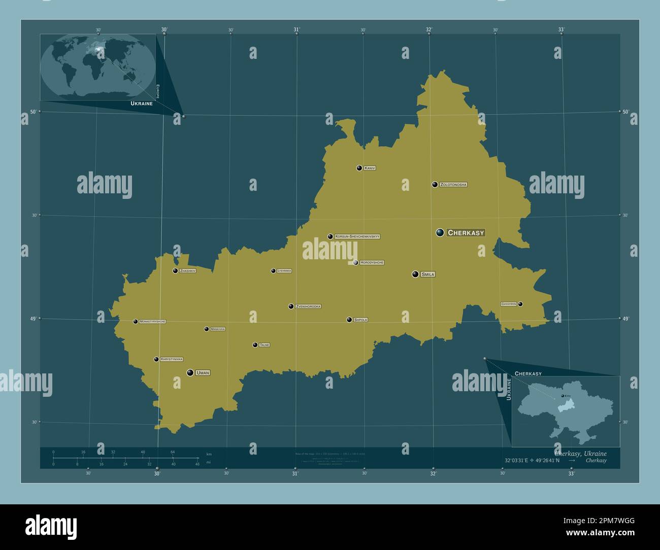Cherkasy, region of Ukraine. Solid color shape. Locations and names of ...