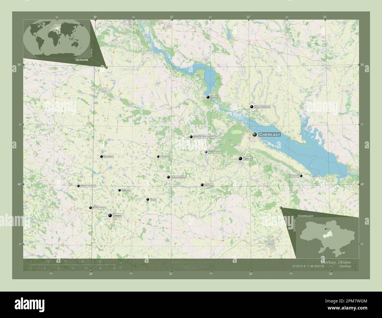 Cherkasy, region of Ukraine. Open Street Map. Locations and names of ...