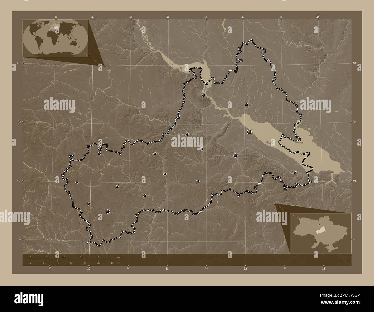 Cherkasy, region of Ukraine. Elevation map colored in sepia tones with ...