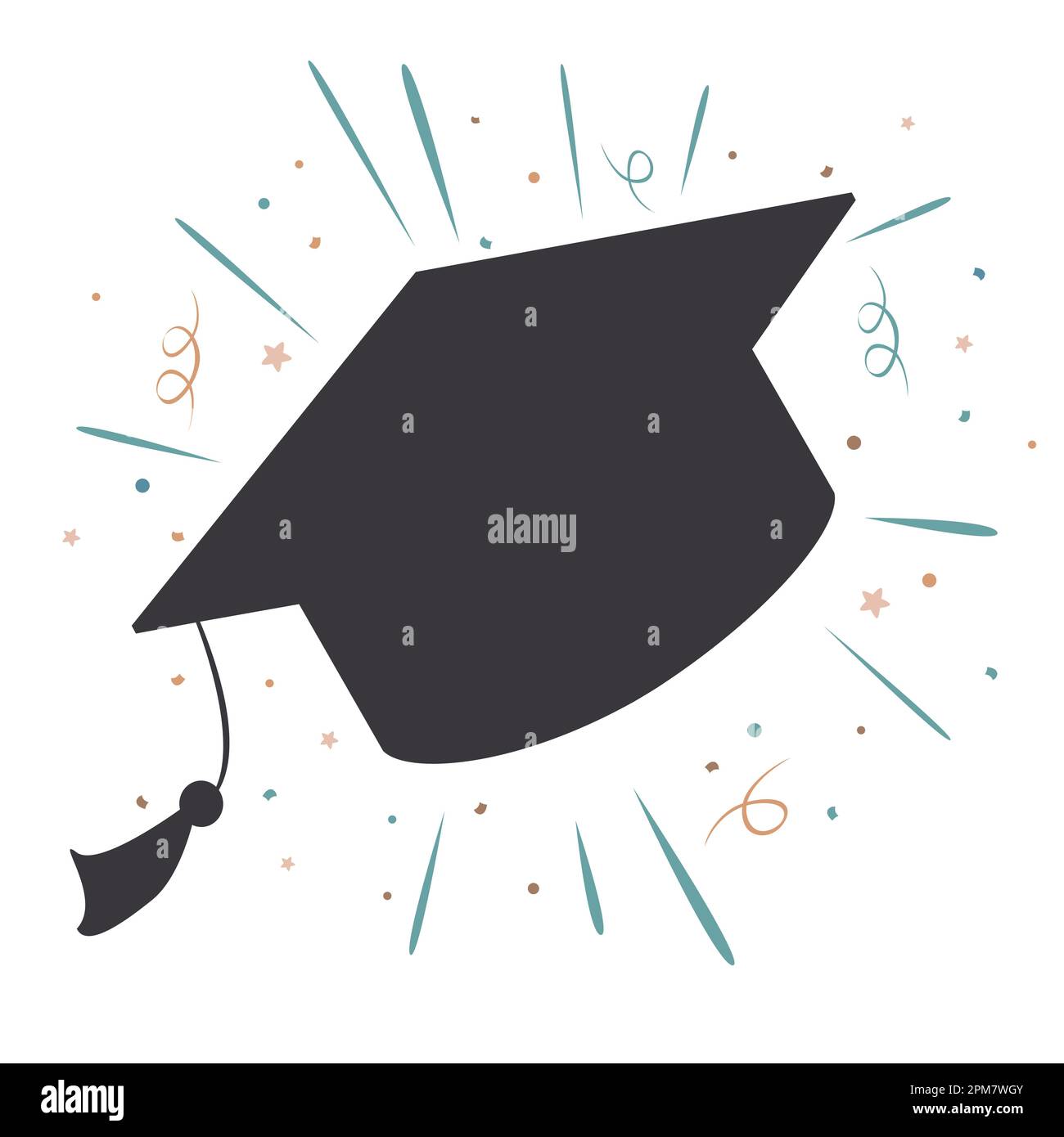 Graduate student hat doodle icon with confetti and shiny rays. High ...