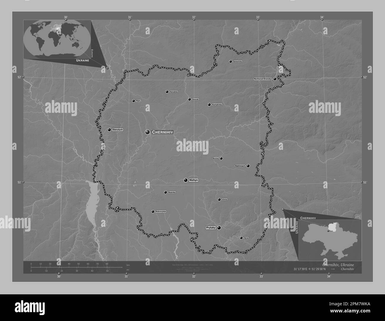 Chernihiv, region of Ukraine. Grayscale elevation map with lakes and ...