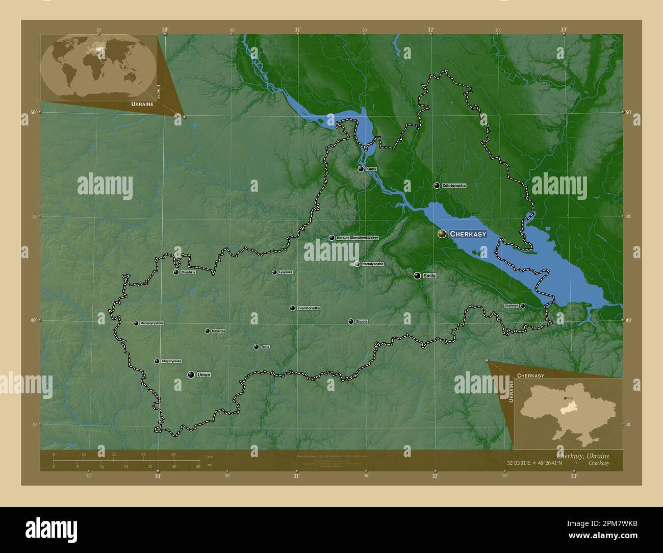 Cherkasy, region of Ukraine. Colored elevation map with lakes and ...