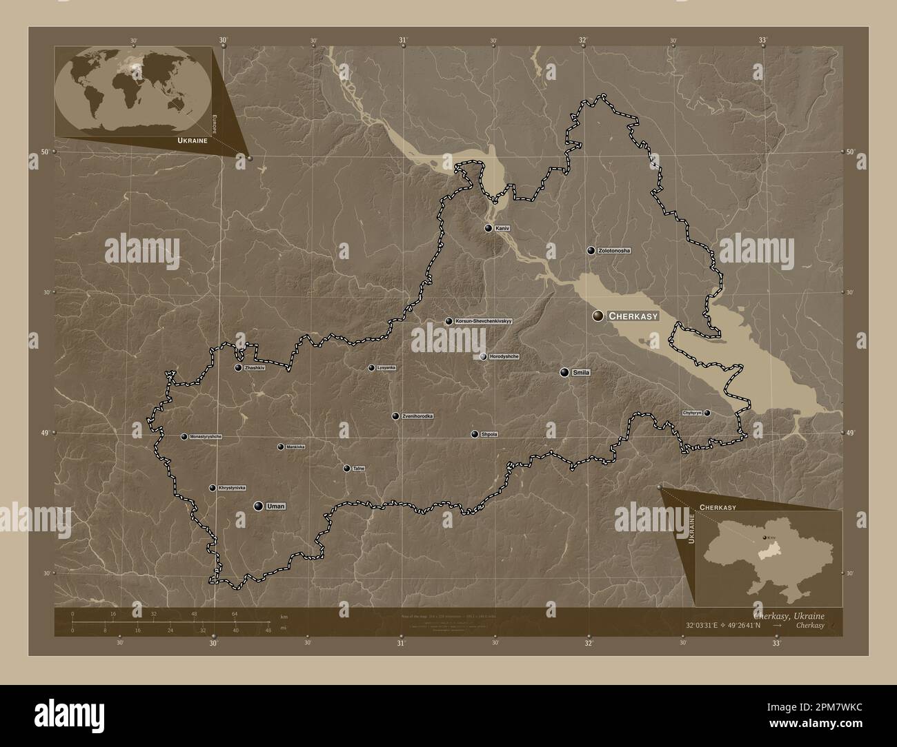 Cherkasy, region of Ukraine. Elevation map colored in sepia tones with ...