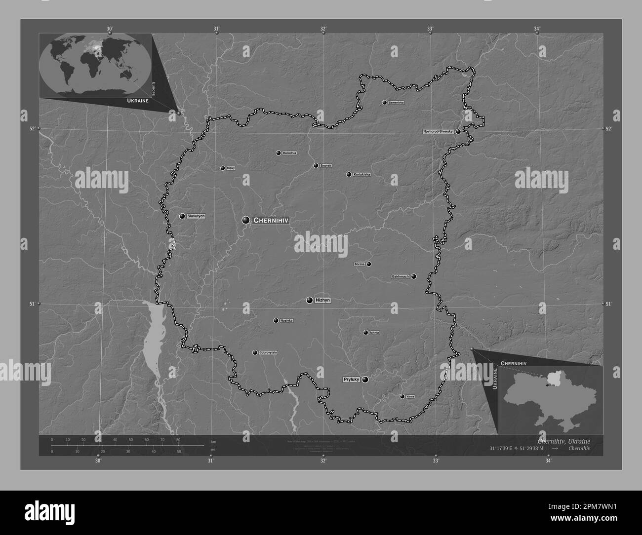 Chernihiv, region of Ukraine. Bilevel elevation map with lakes and ...