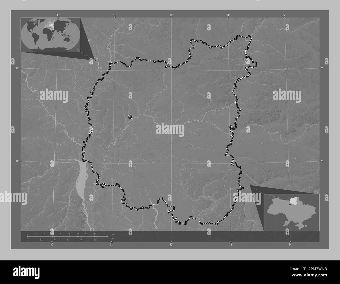 Chernihiv, region of Ukraine. Grayscale elevation map with lakes and ...
