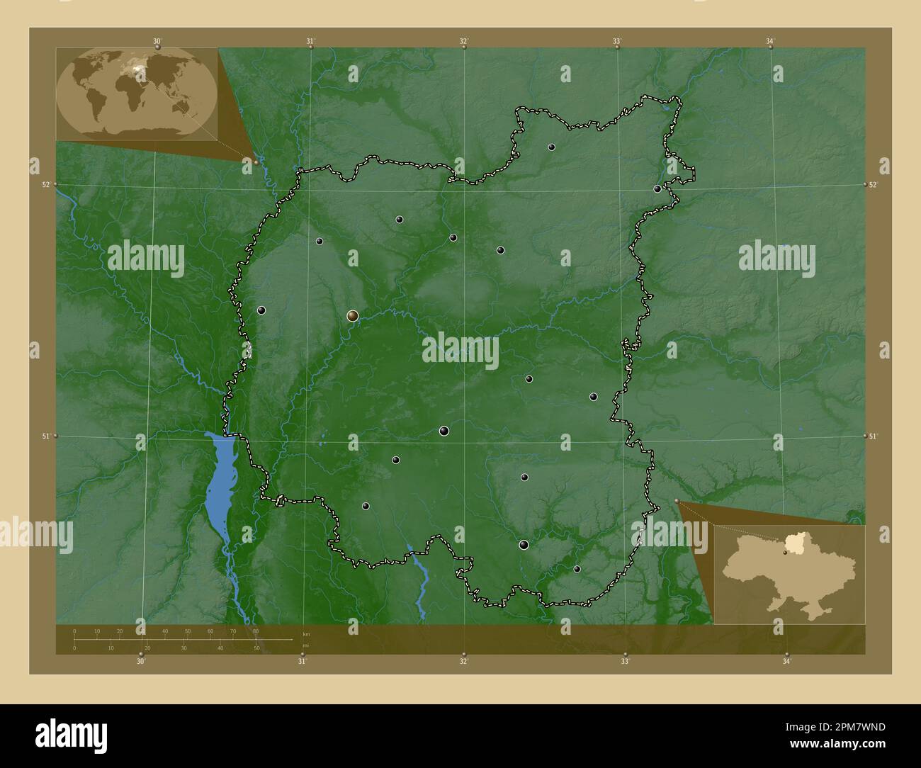 Chernihiv, region of Ukraine. Colored elevation map with lakes and ...